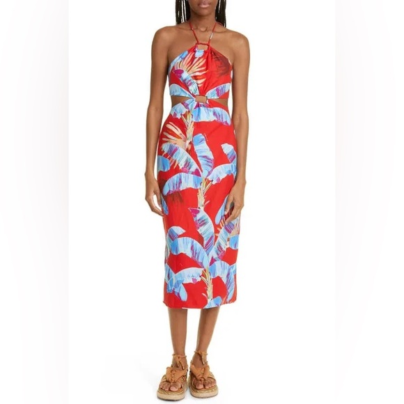 FARM Rio | Dresses | Farm Rio Red And Blue Banana Leaf Cutout Dress ...